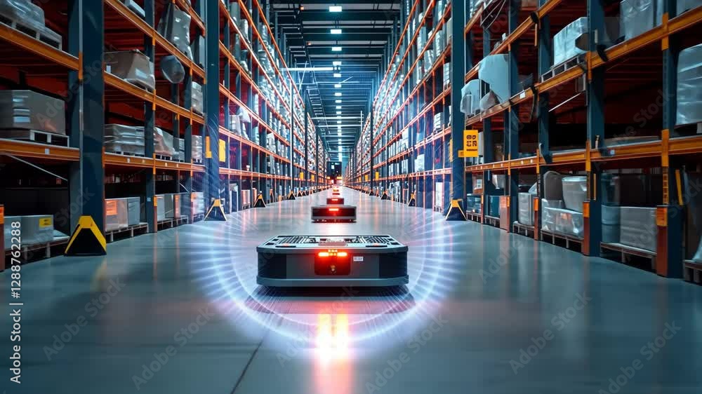 Autonomous AI-powered robots move efficiently through a high-tech warehouse, scanning inventory ...