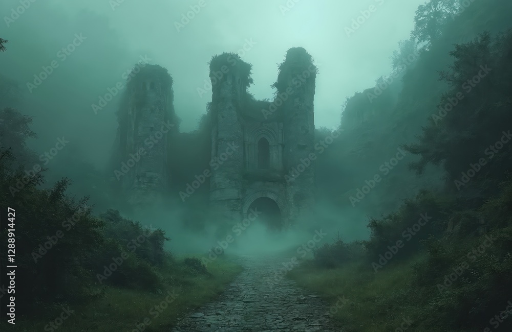 Poster Ancient crumbling castle ruins shrouded in mist – Wall Art ...