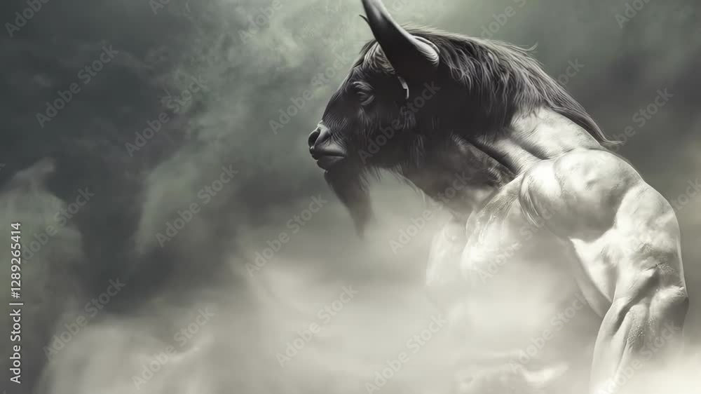 Muscular Minotaur emerging from misty landscape, powerful physique ...