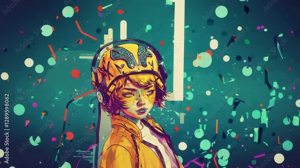 Anime Style Cartoon Cyberpunk Girl in a Crash Helmet on a Graffiti ...