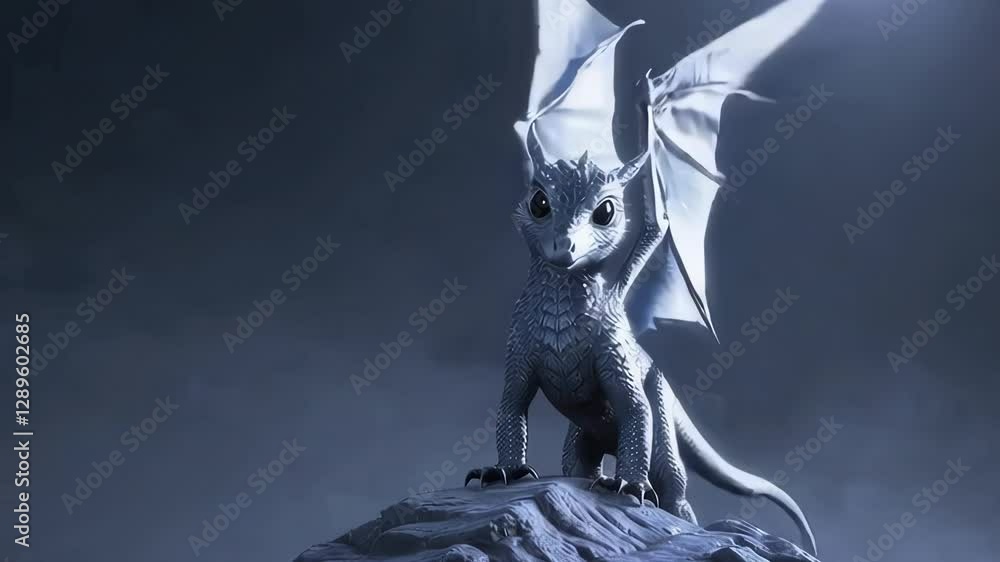 Cute Baby Dragon Flapping its Wings on a Mountain in the Moonlight ...