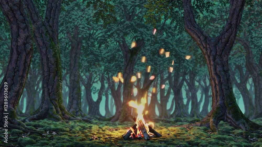 Fantasy Style Campfire in a Forest Clearing. Fire with Scenic Trees in ...