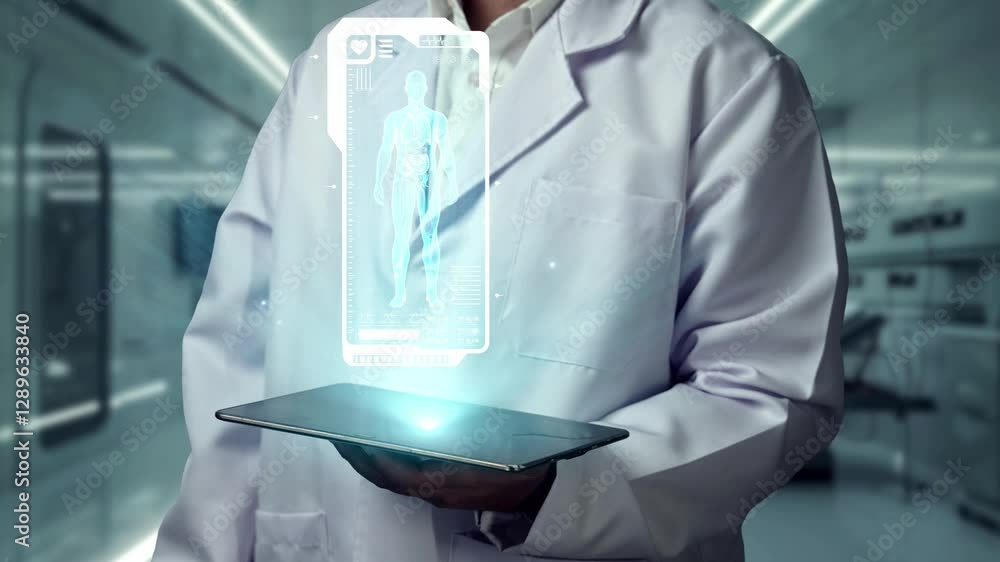 Close up of smart doctor holding tablet while pointing pen with human ...