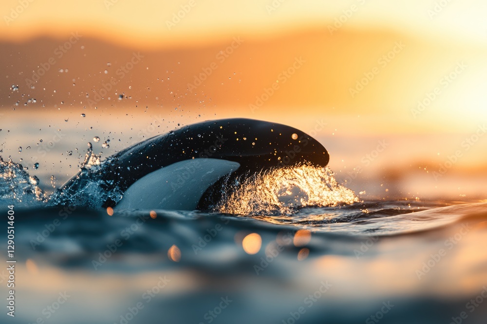 Poster Orca's dorsal fin emerges from the ocean during a vibrant sunset ...