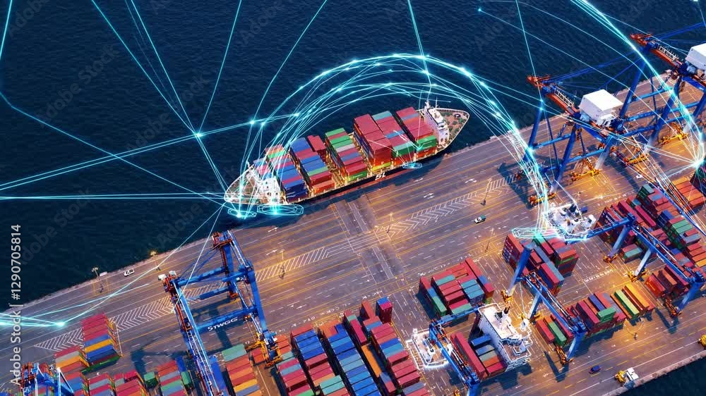 Vidéo Stock Smart Port Operations: Aerial view of a bustling port, with ...
