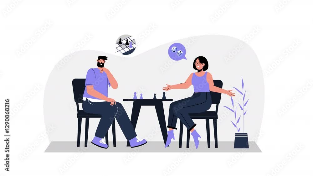 Vector scene animation depicting people playing board games ...