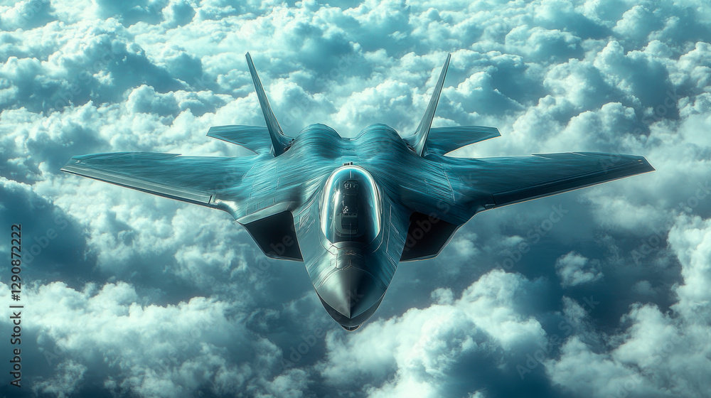 Poster Close-up view on supersonic fighter jet above the clouds. – Wall ...