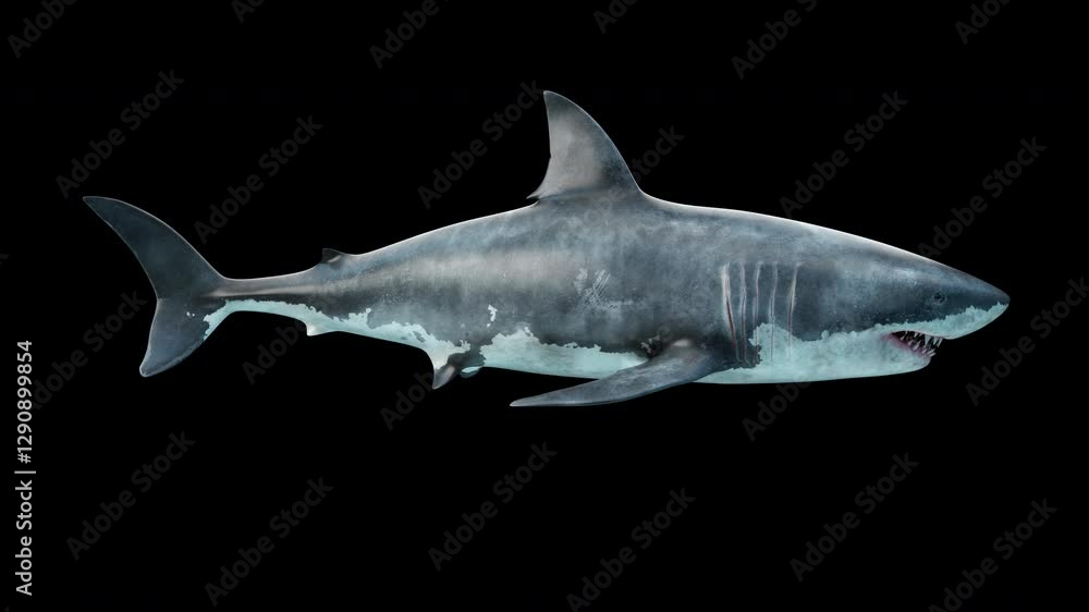 Close-up of a great white shark swimming underwater in a side view ...