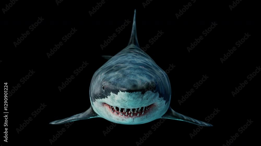 Close-up 3D loop animation of a scary great white shark swimming ...