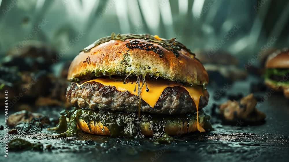 A spoiled hamburger with mold and decay, The burger is visibly old with ...