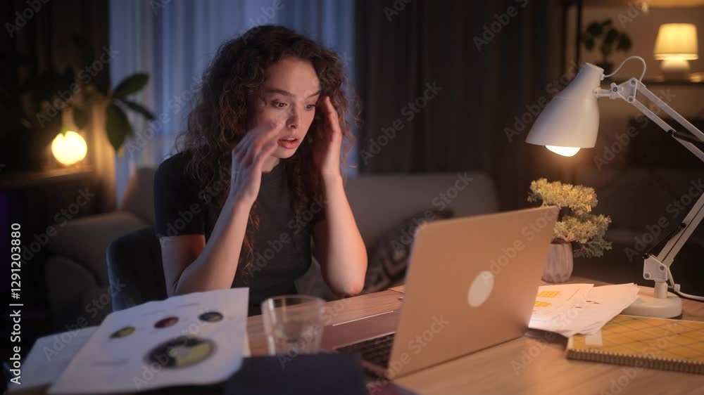 Shocked young woman reading a surprising message on her laptop at night ...