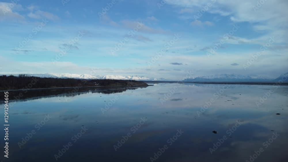 Unedited 4K 29.97fps aerial of Cook Inlet, Wasilla, Alaska. Mirror-like ...