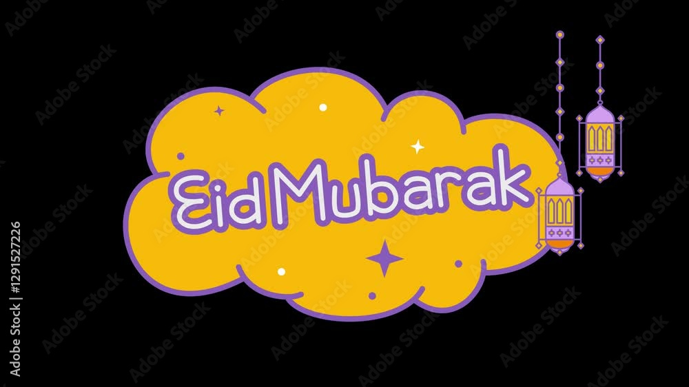 Eid Mubarak Animated Text with Lanterns and Twinkling Stars on Black ...