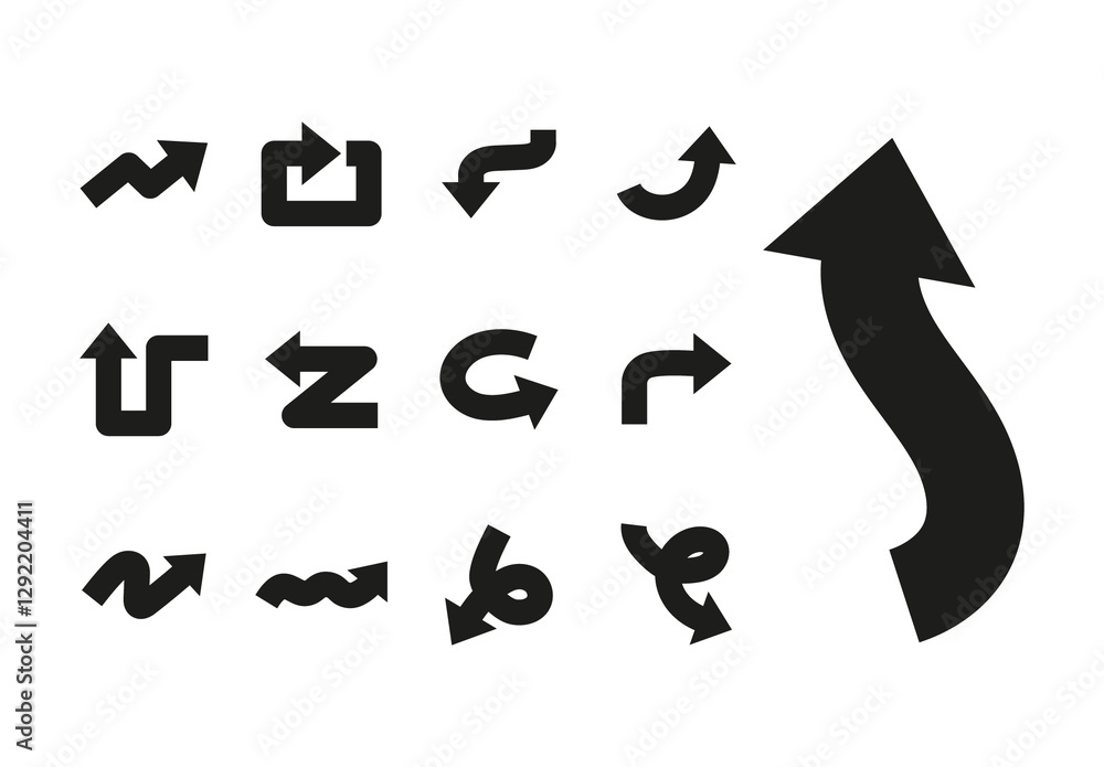 Black Bent Directional Curved Navigation Arrows Icons Set Stock ...