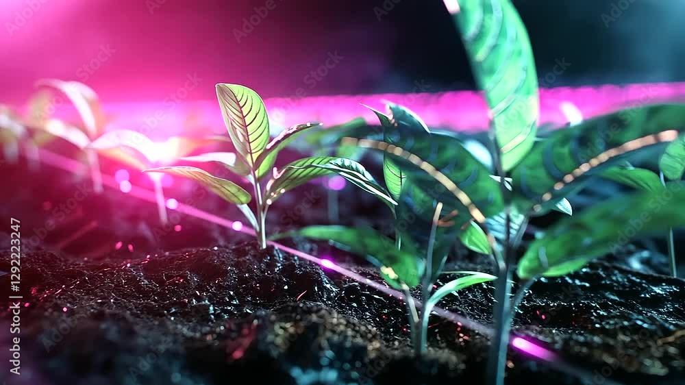Rows of glowing plants with translucent leaves, their radiant colors ...