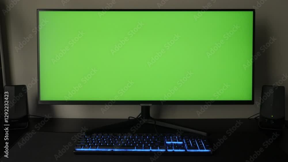 Personal Computer with Ultrawide Monitor Green Screen Chroma Key ...
