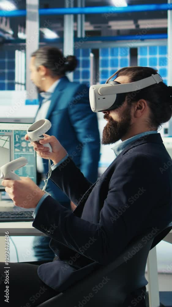 Vertical video Photovoltaics factory worker using VR headset to monitor ...