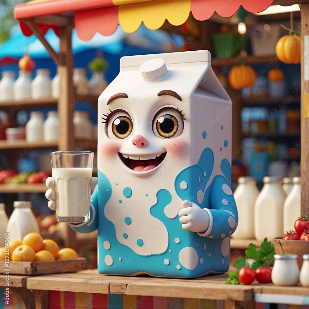 Poster Cute Smiling Milk Carton Character Holding Fresh Milk in a ...