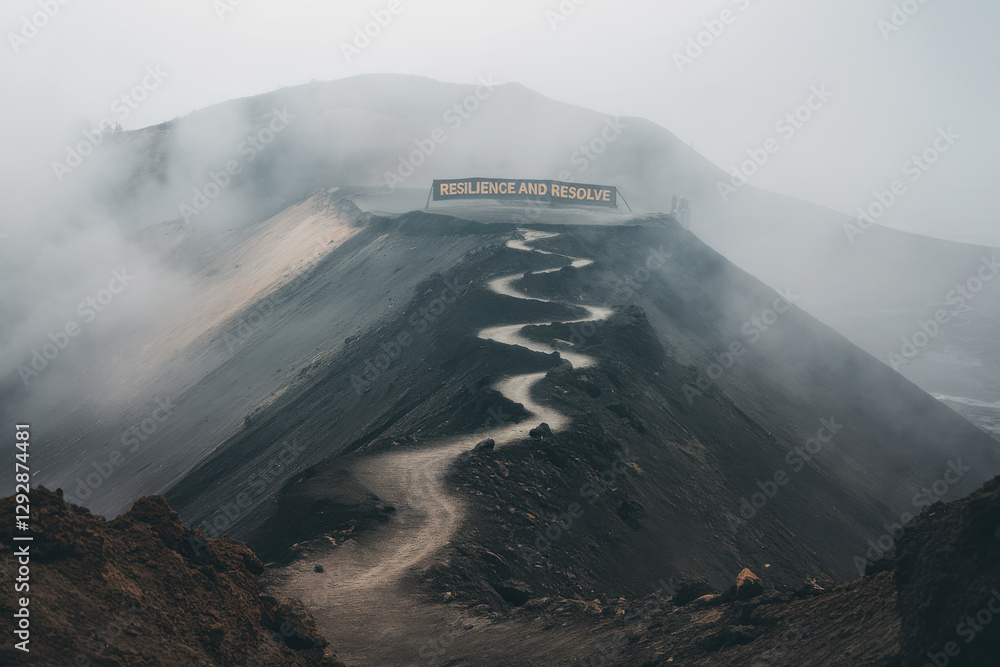 Poster A switchback path scaling a mist-shrouded volcanic slope ...