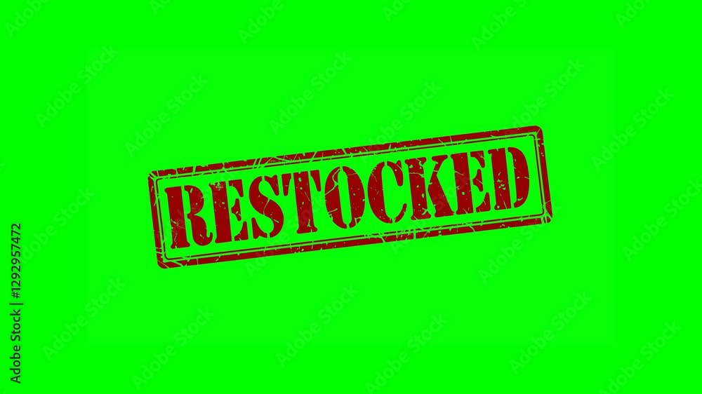 Animated "RESTOCKED" rubber stamp seal with bold red text, featuring a ...