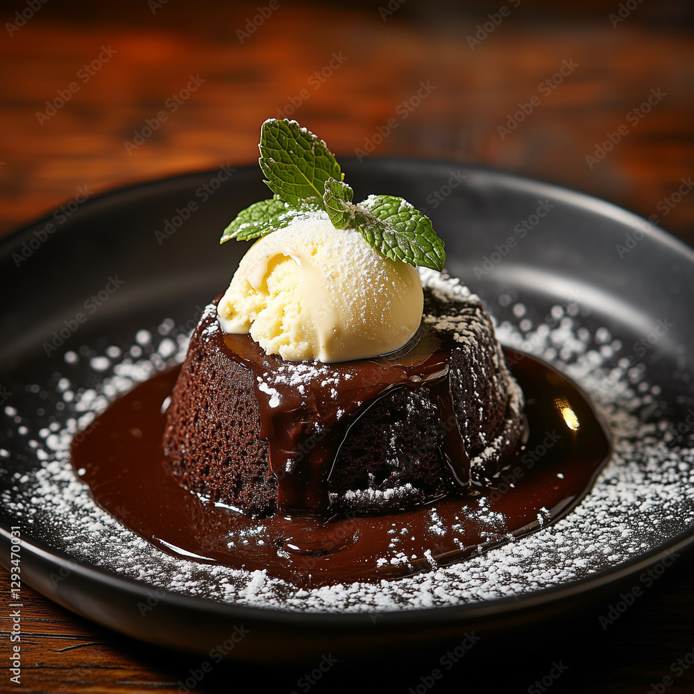 Poster A decadent molten lava cake in a black plate with warm chocolate ...