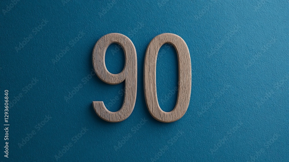 A simple wooden numeral "90" placed on a textured blue background ...