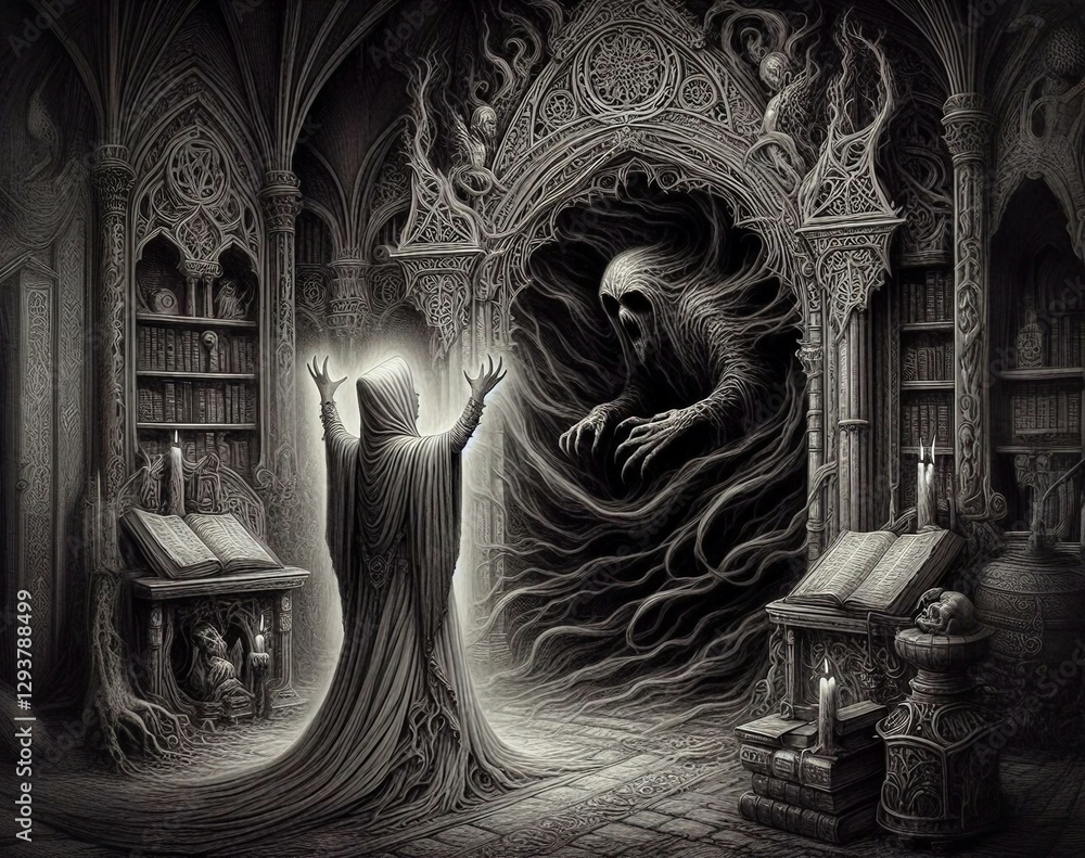 Photo & Art Print A cloaked figure performs an arcane ritual in a ...