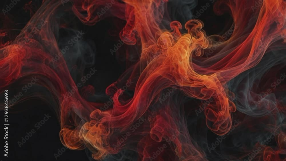 an abstraction of red and gray smoke swirling against a pitch black ...