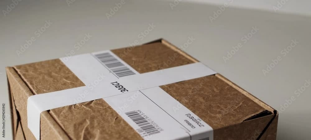 Unboxing process of a cardboard package with shipping label in ...