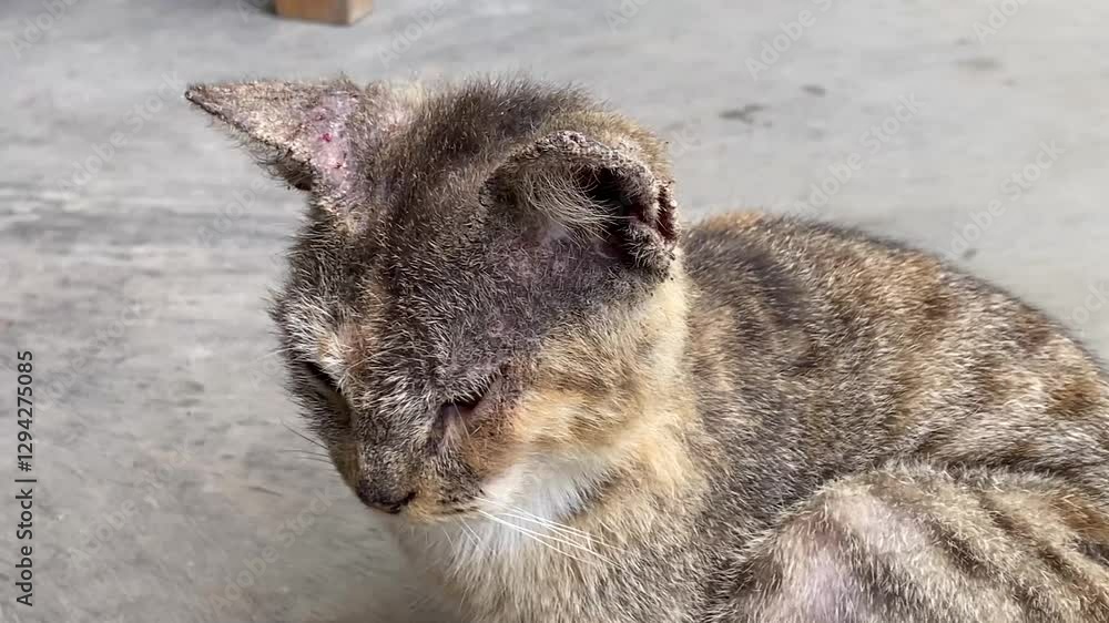 Close up video footage of stray cat is suffering feline scabies or ...