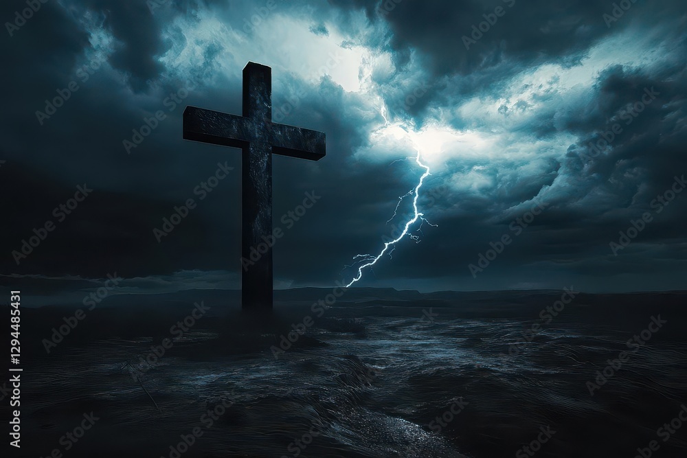 Poster Apocalyptic Scene with Christian Cross Amidst Ruins Under Dark ...