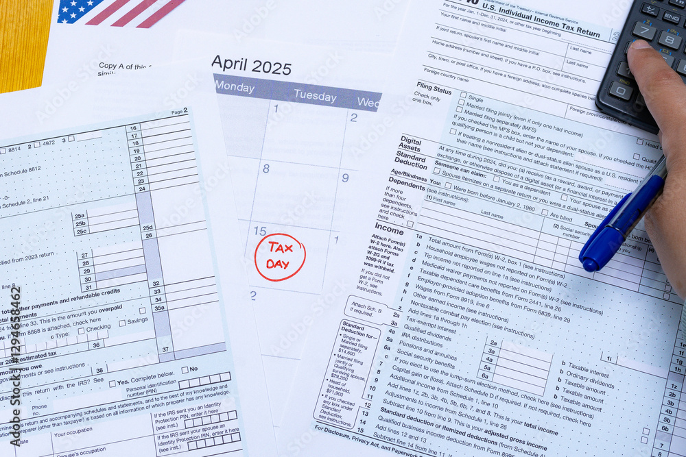 Poster Person filling out the tax forms, with the calculator for the ...