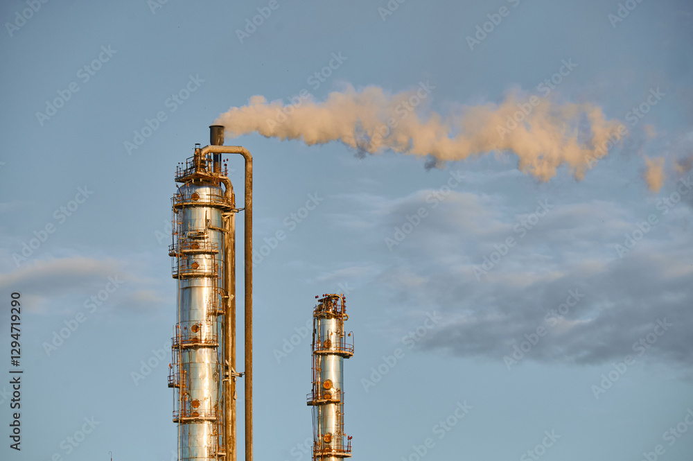 Poster Industrial distillation column at a chemical plant releasing ...