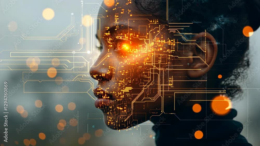 Futuristic AI-Enhanced Female Face with Digital Circuitry and Glowing ...
