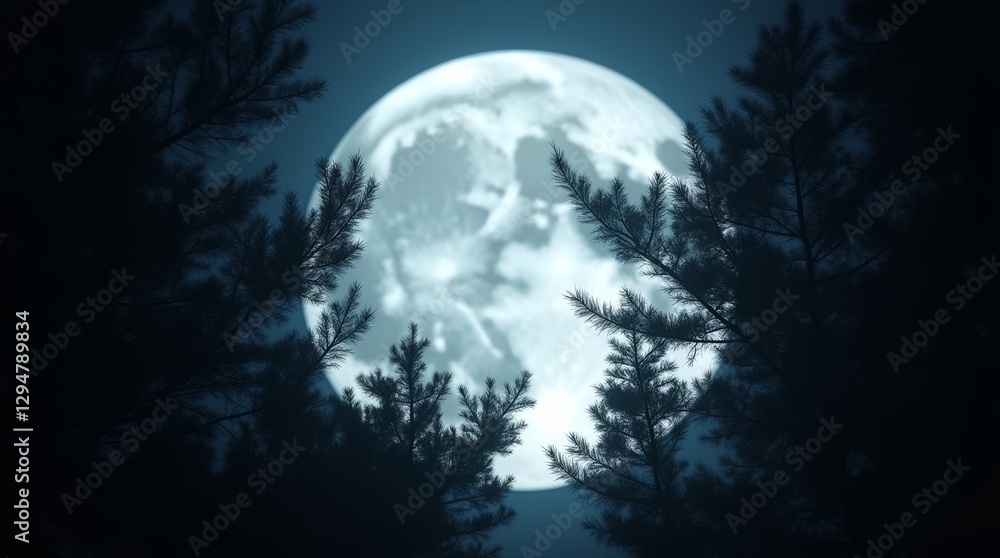 Photo & Art Print Huge Beautiful Full Moon over Trees of the Forest ...