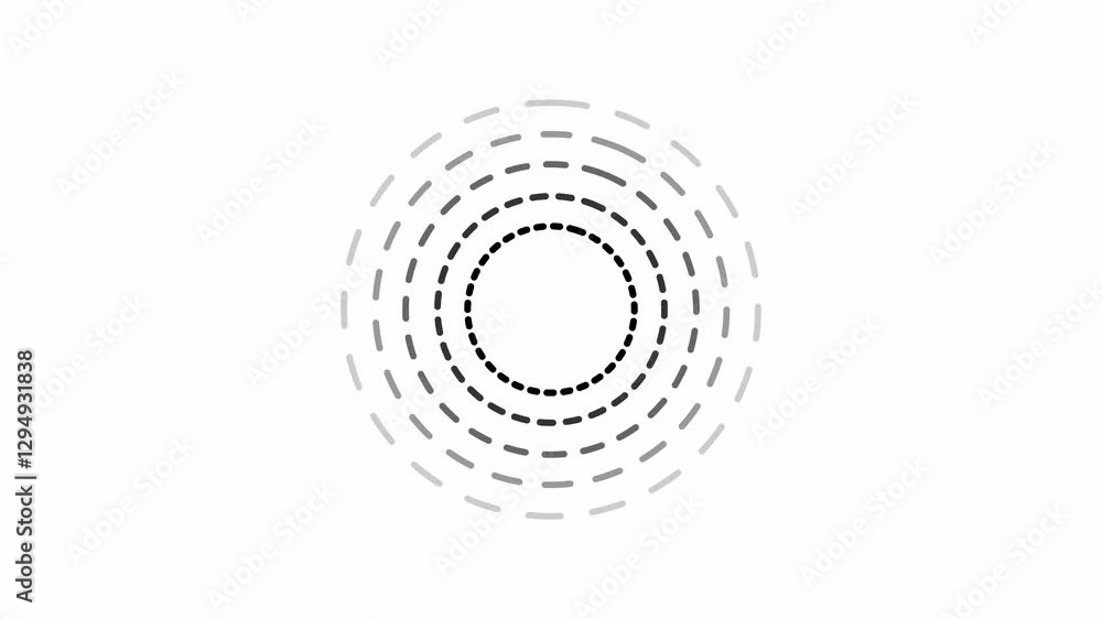 A transparent background loading animation with rotating, concentric dashed circles in grayscale ...