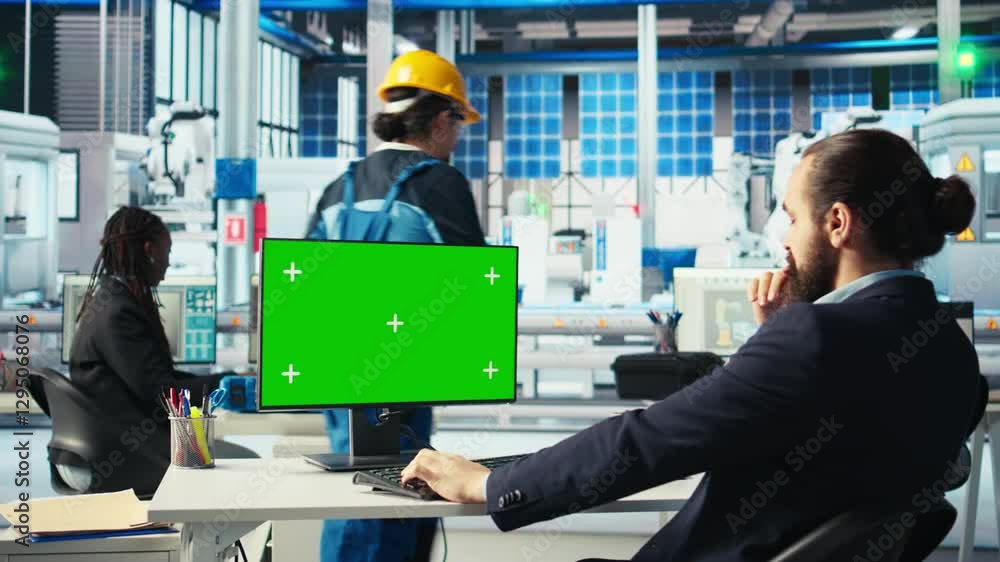 Photovoltaics factory worker analyzing data on green screen PC, reviewing system metrics. Solar ...