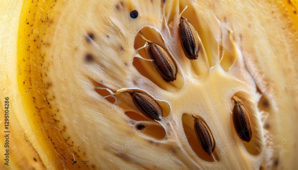 Poster Close-up banana cross-section: fibrous texture, dark seeds ...