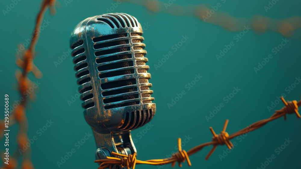 Photo & Art Print Vintage microphone entangled in barbed wire against a ...