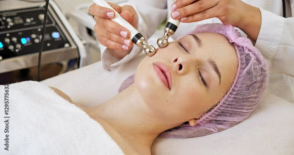 Beautiful woman receiving facial microcurrent treatment at spa salon ...