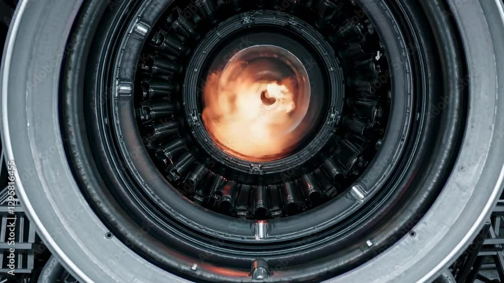 An in-depth view of a jet engine turbine reveals the complexity and ...
