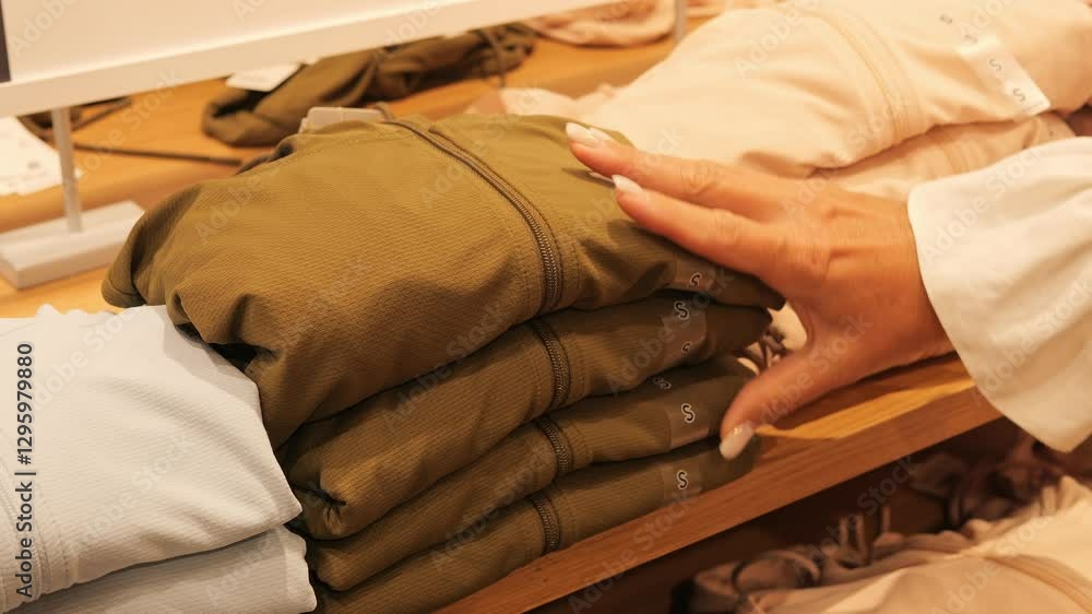 Shopper browsing clothing selection in boutique feeling fabric texture ...