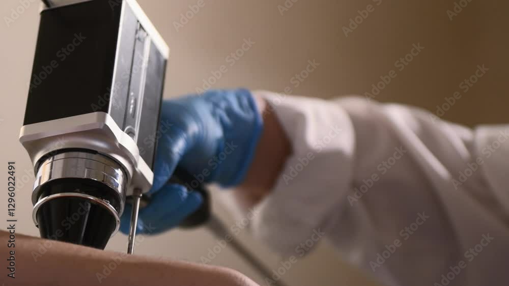 Closeup doctor examines neoplasms or moles on the woman hand patient's ...