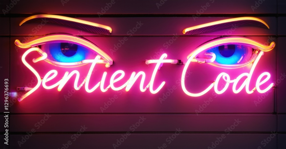 Poster Neon sign sentient code script transforming robotic eyes pulsing ...