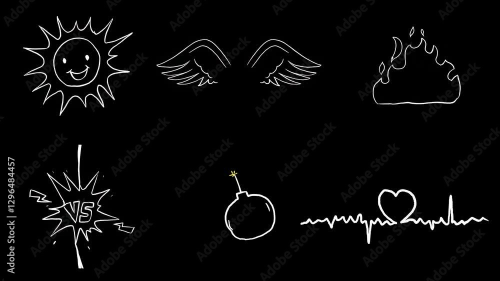Animated doodle sketch icons pack with alpha channel – sun, angel wings ...