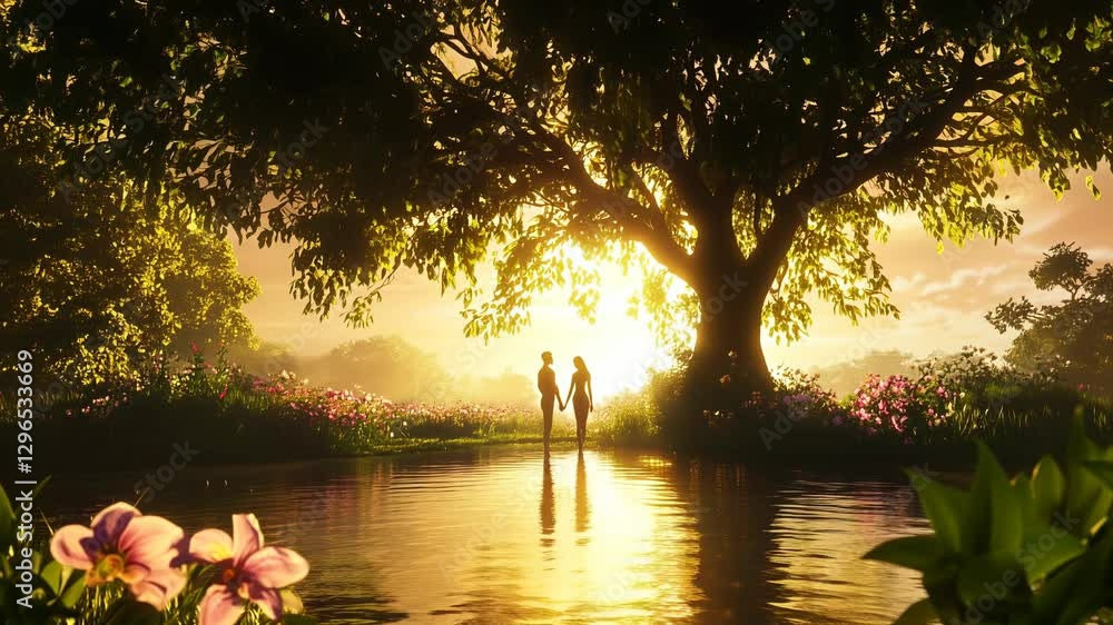Serene garden of eden lush greenery, vibrant flowers, and adam and eve ...