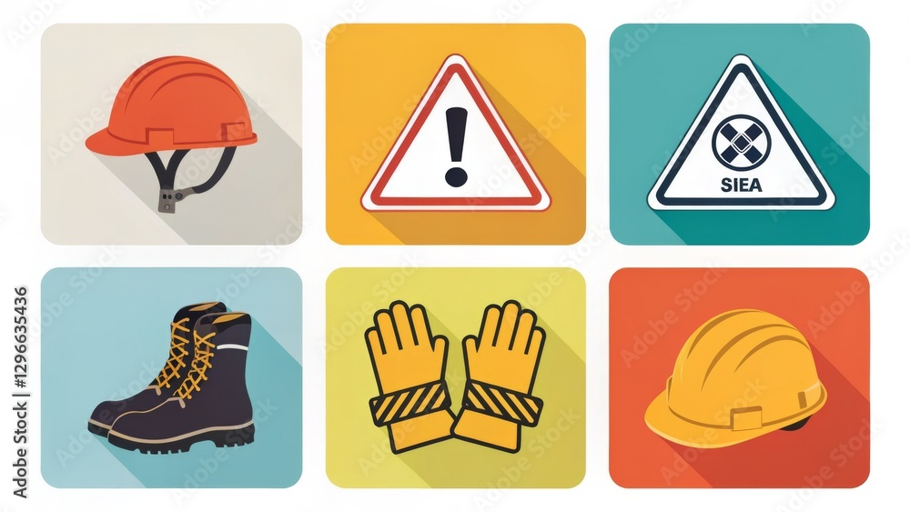 Poster Safety gear icons, including helmets, gloves, and warning signs ...