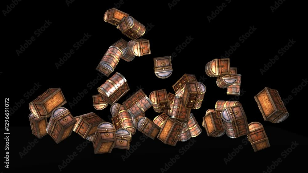 3d Wooden Treasure Chest Falling Animation Black Background. Camera ...