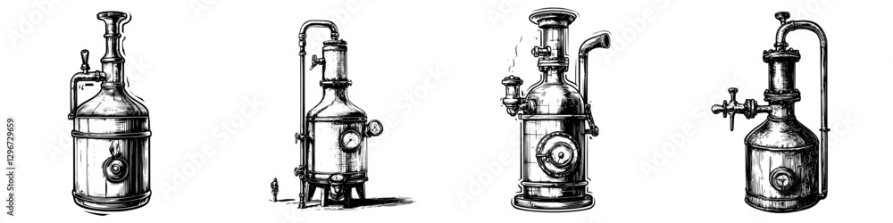 Poster Hand drawn vector illustration of vintage distillation apparatus ...