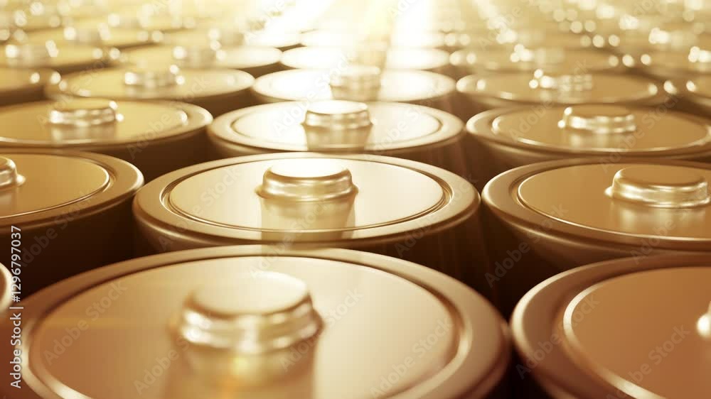 Golden alkaline batteries in 4k 3d animation, highlighting li-ion ...